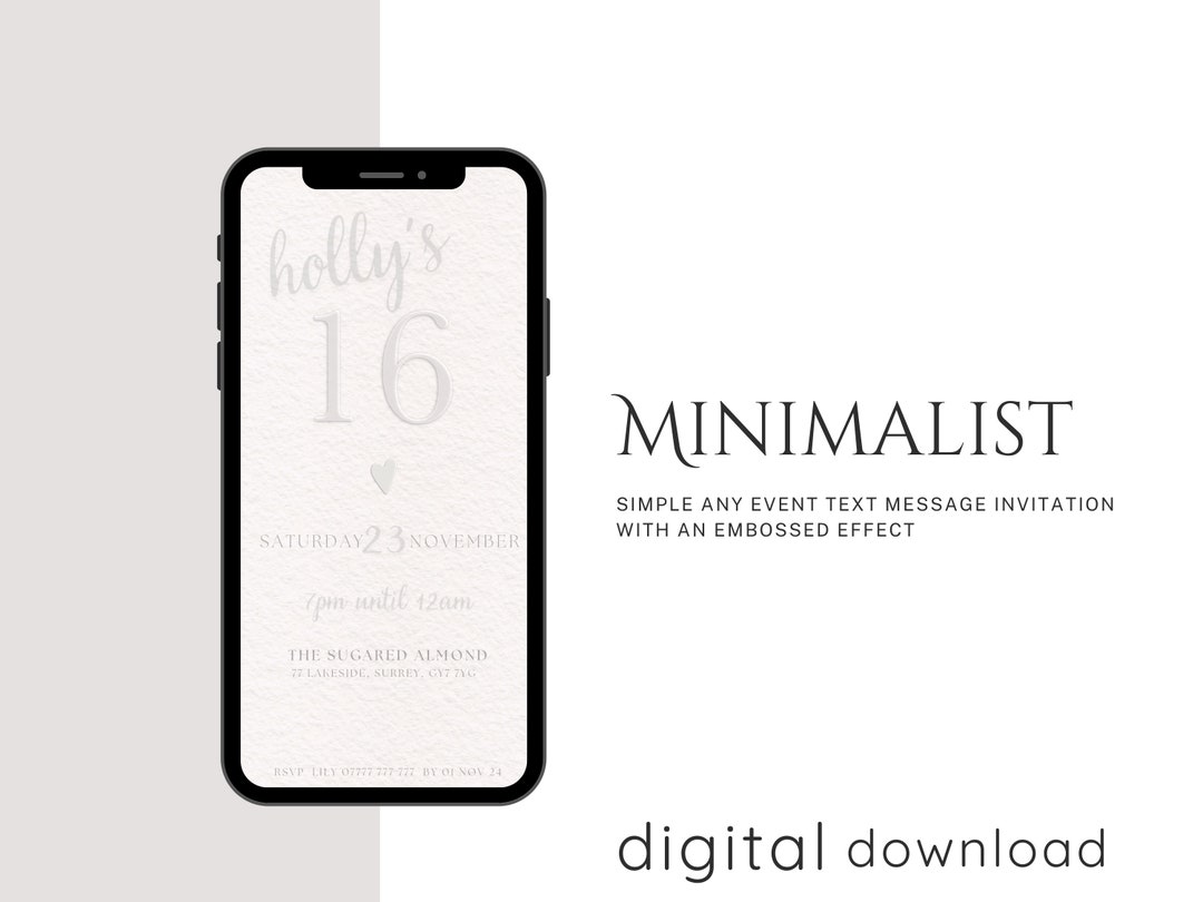 Minimalist Embossed Invitation: Custom Text Message E-vite (digital ...