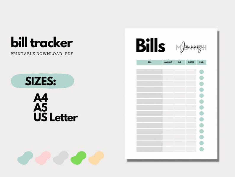 Bill Organiser, Spending Tracker, Payment Log, Bill Tracker Template ...
