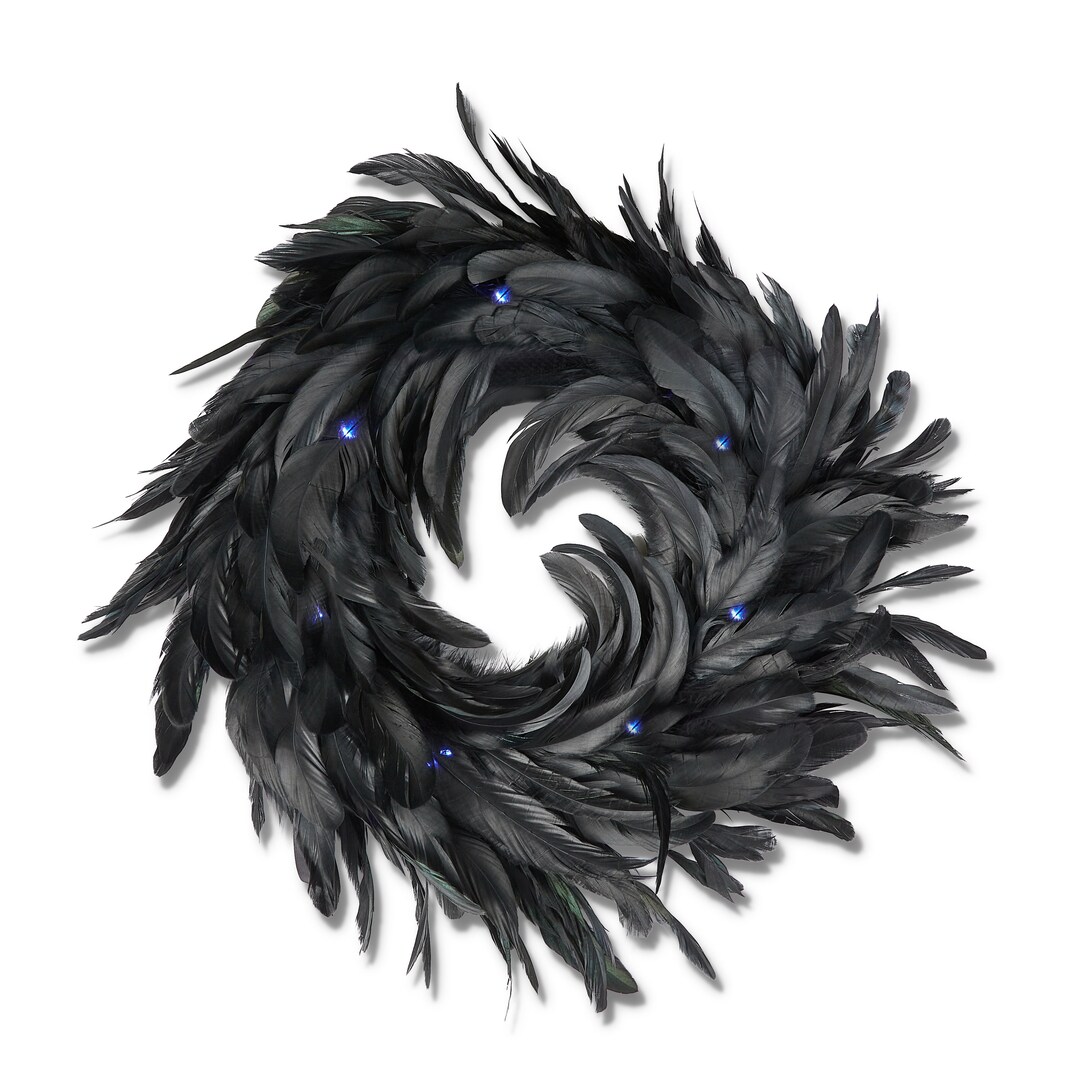 Black Christmas Wreath – Goth Feather LED Wreath – Gothic Xmas Door ...