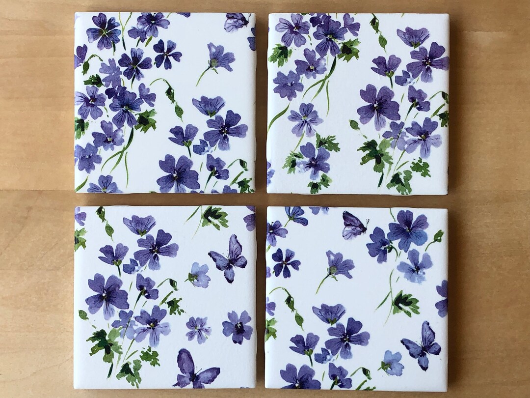 Handmade Floral Ceramic Coaster Set: Purple Forget-me-nots & Butterfly ...