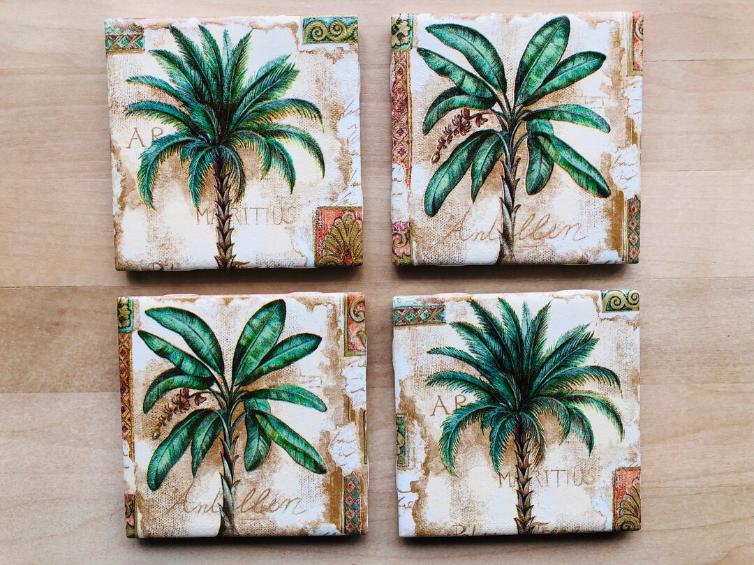 Handmade Palm Tree Ceramic Tile Coasters Set, Housewarming Gift ...