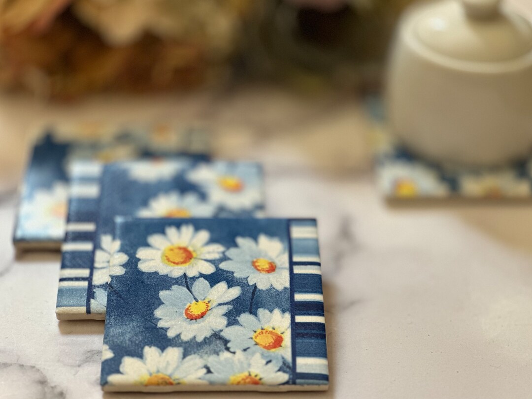Handmade Daisy Flower Ceramic Coasters: White and Blue Floral Set - Etsy