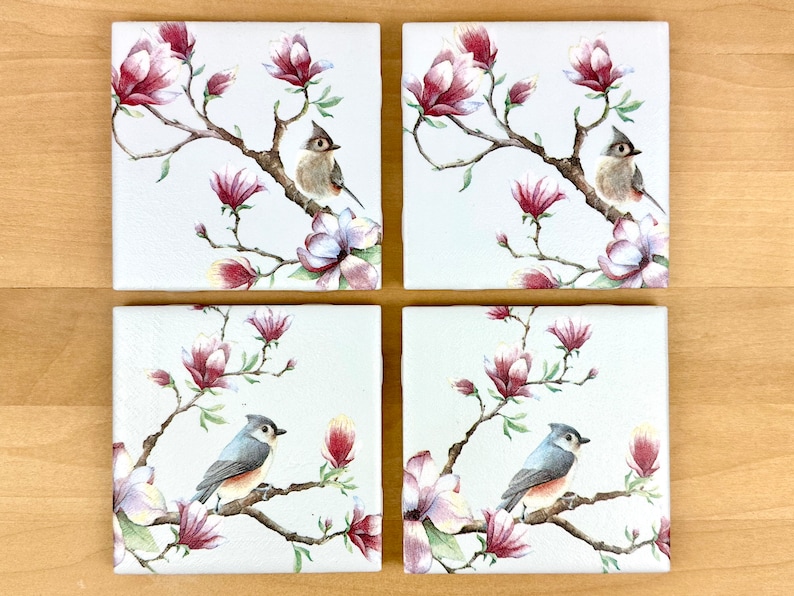 Spring Flower and Bird Ceramic Tile Coasters Set, Birthday Gift for Her ...