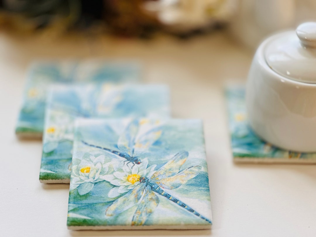 Handmade Dragonfly Ceramic Coasters Set: Decoupage Tile Coasters - Etsy