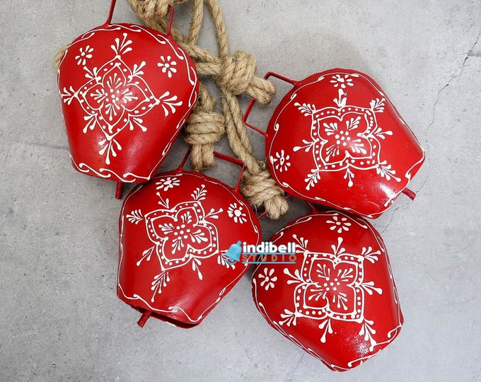 Red Hand Painted Christmas Cow Bells, Cone Painting Filigree Design - Etsy