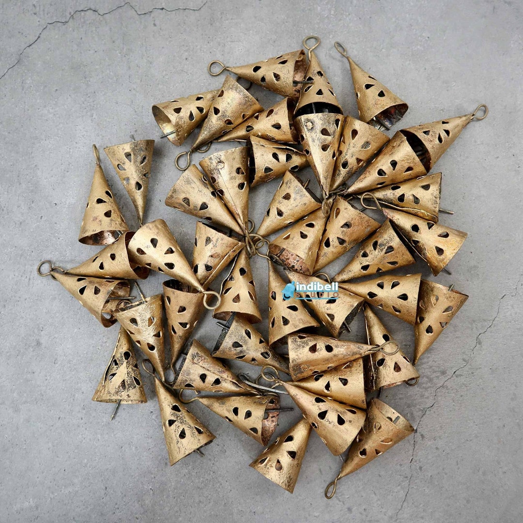 24 Rustic Flower Cone Triangle Tin Bells, Handmade Recycled Iron Bells ...