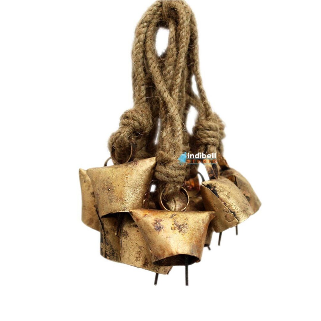 12 Metal Gold Rustic Bells on Jute Rope, Rustic Vintage Style, Hanging ...