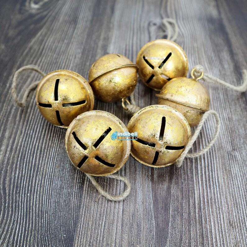 6 CHRISTMAS DECOR Sleigh Jingle Bells, GOLDEN Glittering Iron Round ...