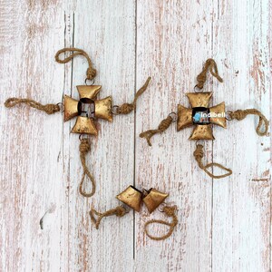 12 Metal Gold Rustic Bells on Jute Rope, Rustic Vintage Style, Hanging ...