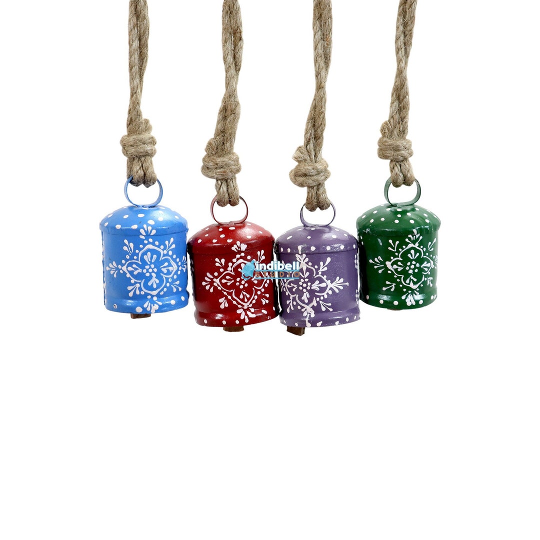 4 Hand Painted Iron Tin Spring Cow Bells, Home Garden Outdoor Decor ...