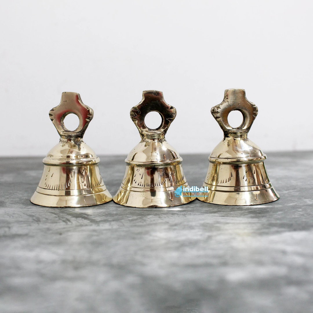 3 Indian Brass Temple Puja Mandir Bells Ghanta, Crafting Gold Bells ...