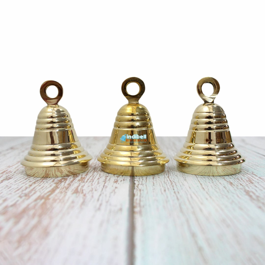 3 Pooja Mandir Brass Temple Bells Home Decor Gold Brass Meditation Bell ...