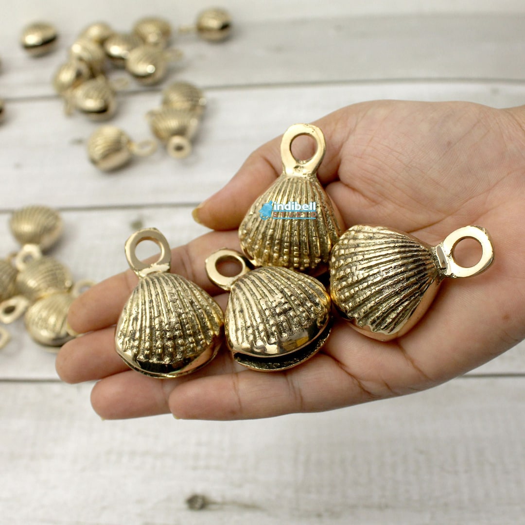 Large Sea Shell Brass Sleigh Bells Decor, Beach Ocean Theme Golden ...