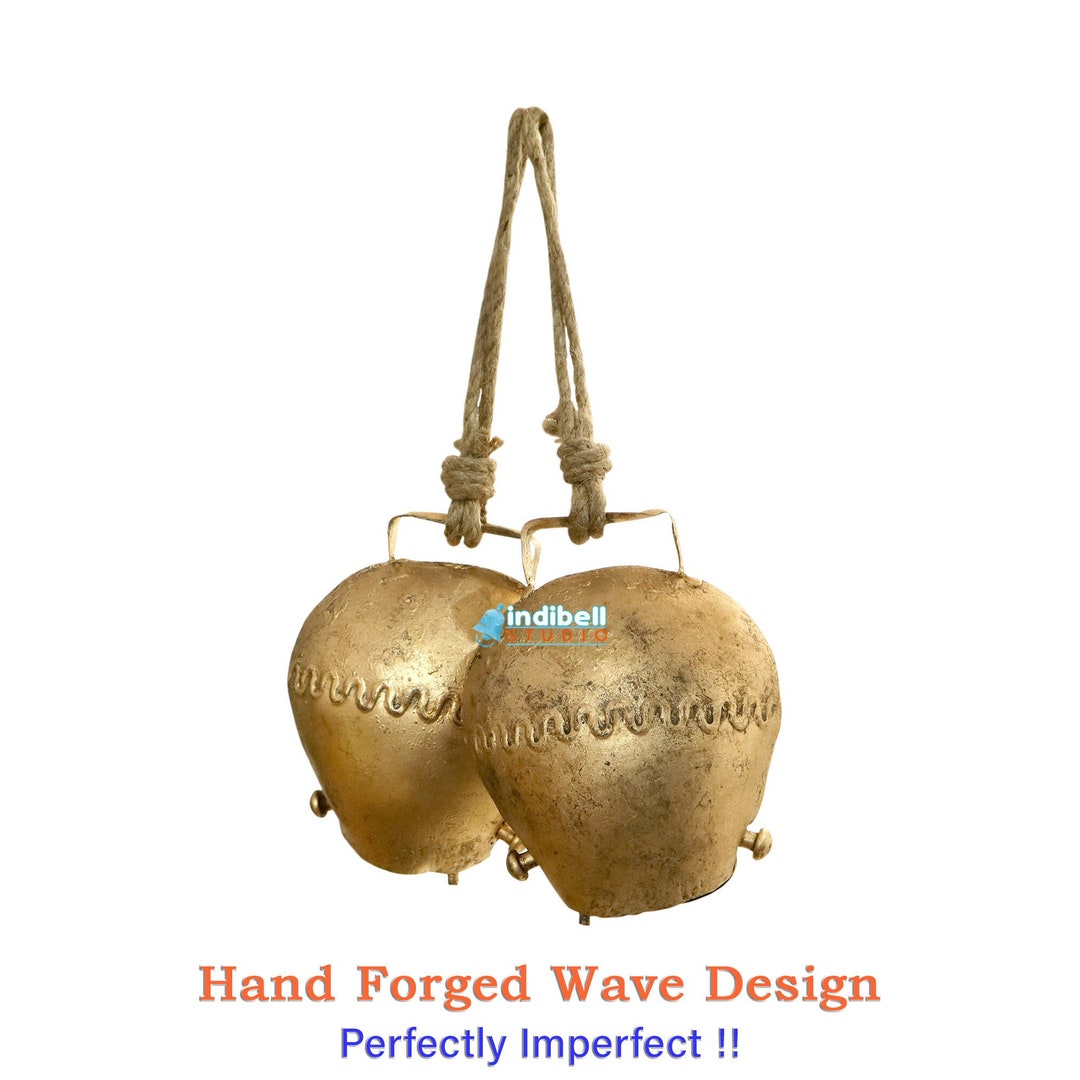 2 SWISS Large Rustic Gold Cowbells, Wave Embossed Recycled Iron Cow ...