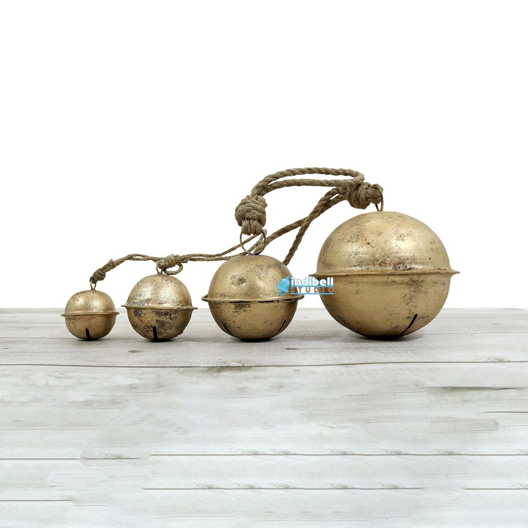 4 Large Rustic Christmas Jingle Bell, Gold Patina Finish Farmhouse ...