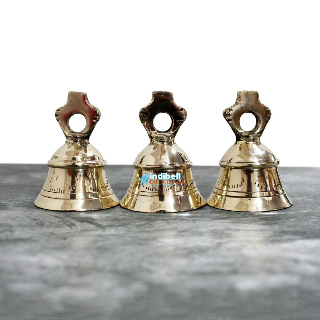 3 Indian Brass Temple Puja Mandir Bells Ghanta, Gold Bells Clear Loud ...