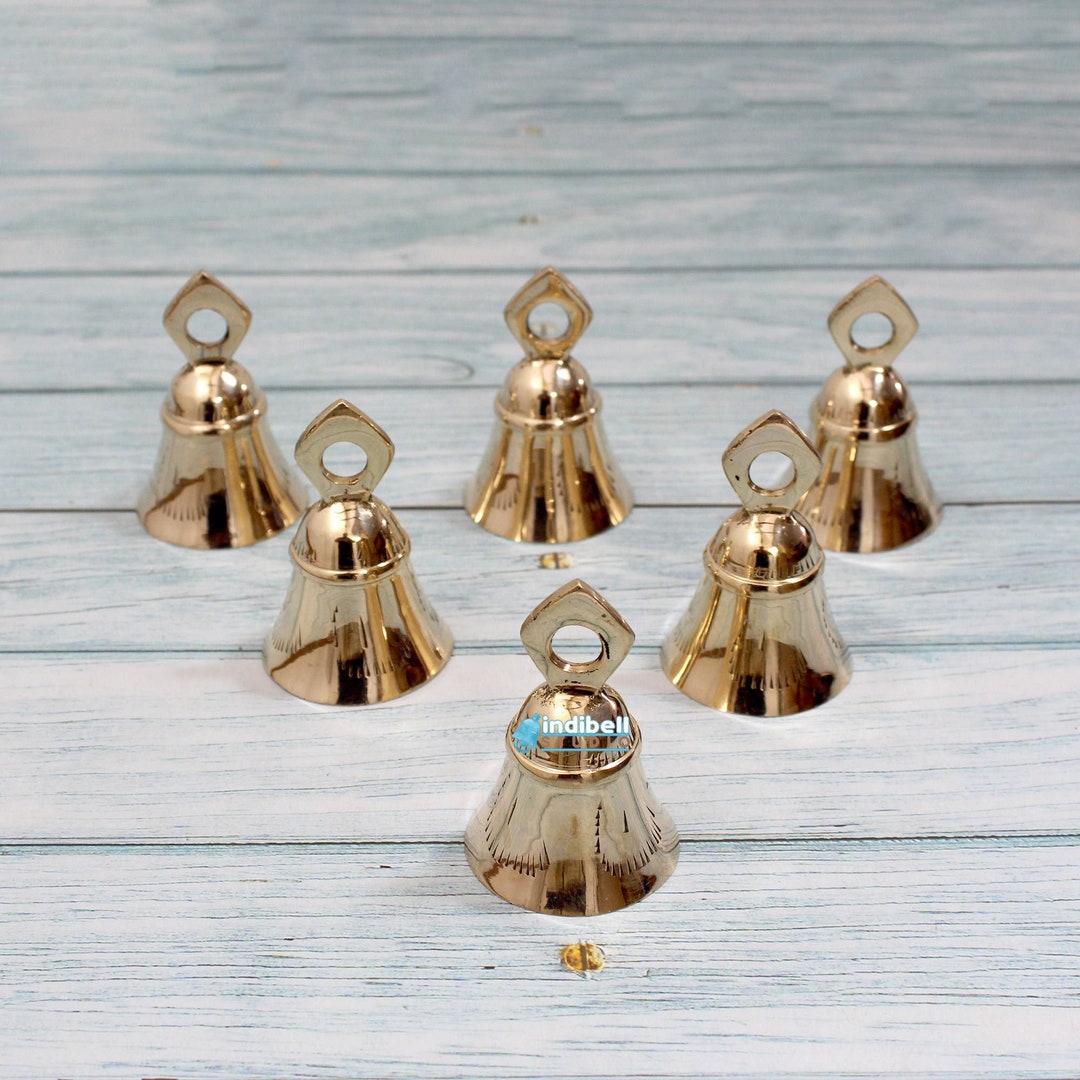 6 LARGE Golden Brass Bells From India, Craft Supplies Mini Temple Wind ...