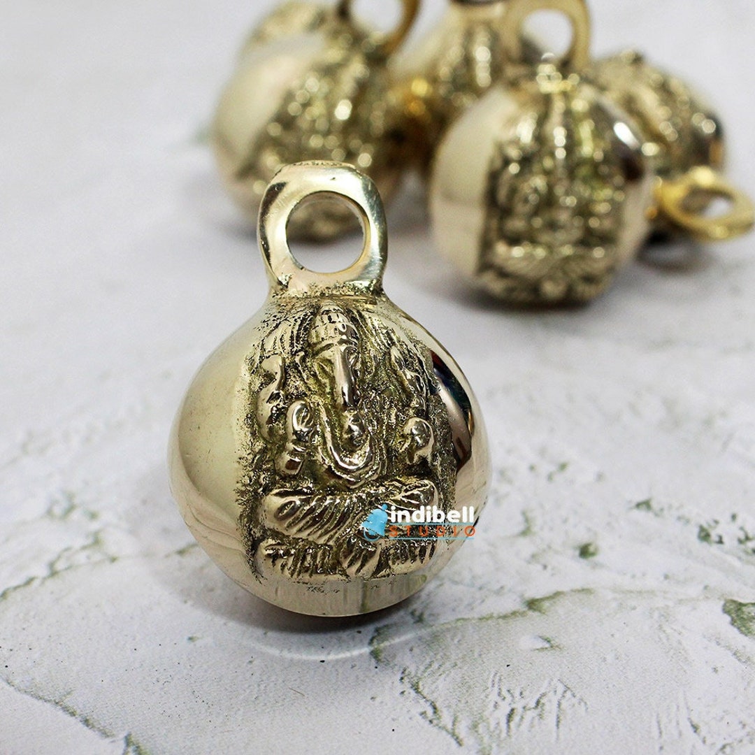 6 Brass Ganesha Sleigh Bells, Indian Religious Goodluck Bells India ...