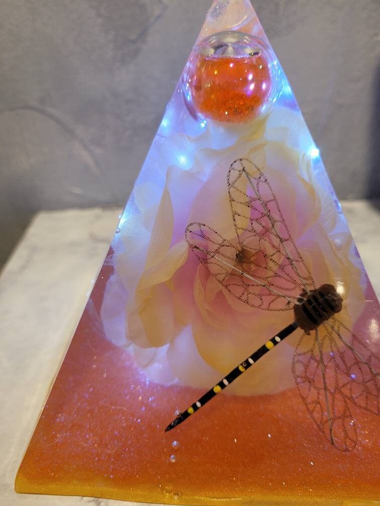 Peach Rose With Dragonfly LIQUID Core LED Lamp Resin Pyramid - Etsy