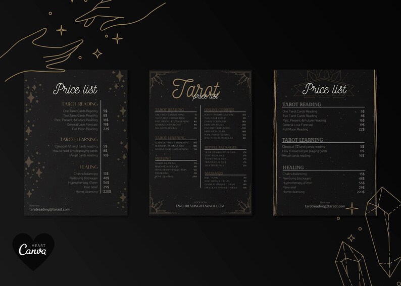 6 Dark Black Spiritual Price List Templates Bundle for Astrology or ...
