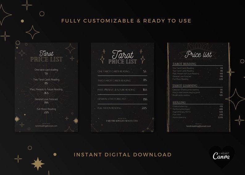 6 Dark Black Spiritual Price List Templates Bundle for Astrology or ...