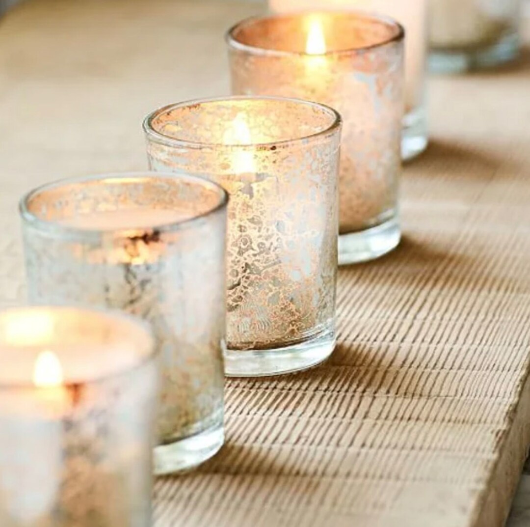12 Silver Mercury Glass Votive Candle Holders Speckled Glass Etsy