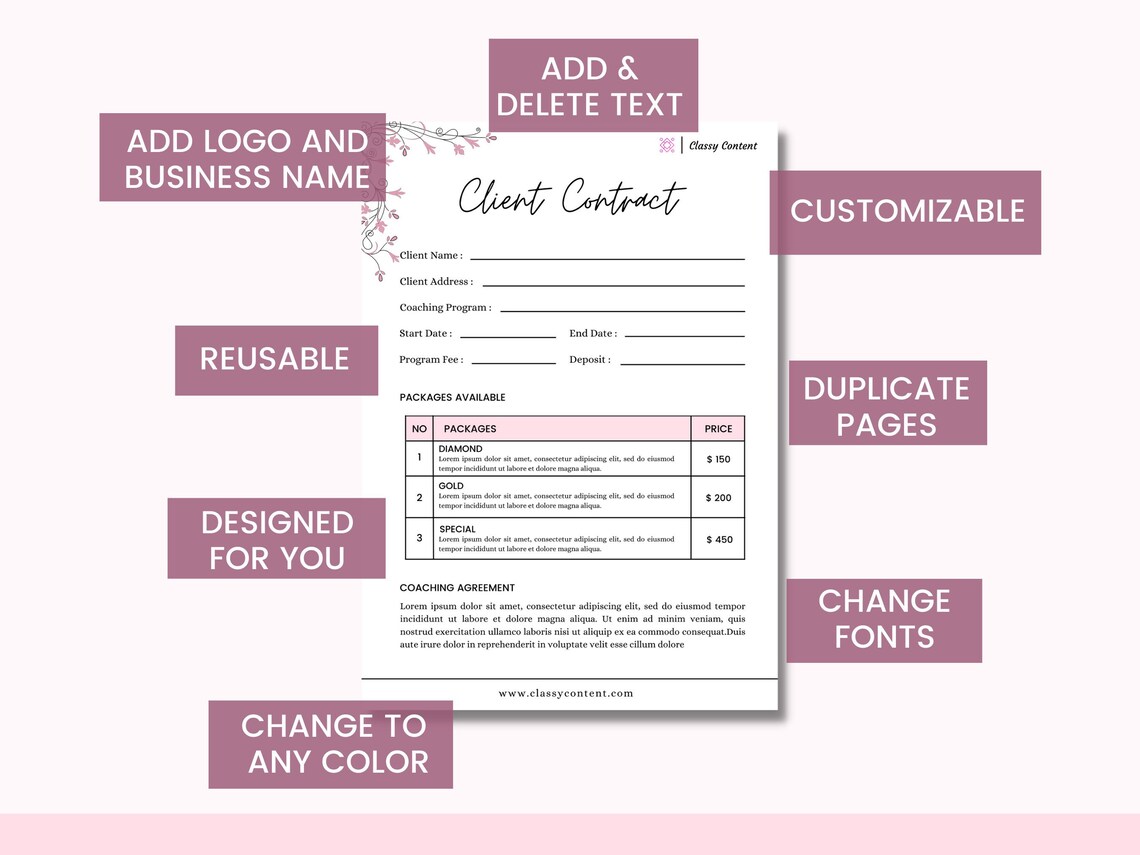 Client Contract Form Template for Coach, Business Contract Form ...