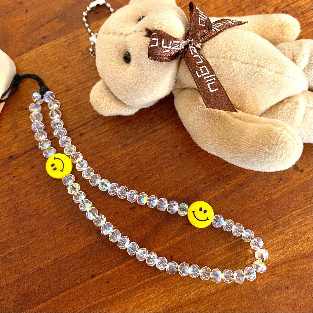 Sparkling Crystal Glass Smiley Face Beaded Phone Charm/ Bag Charm ...