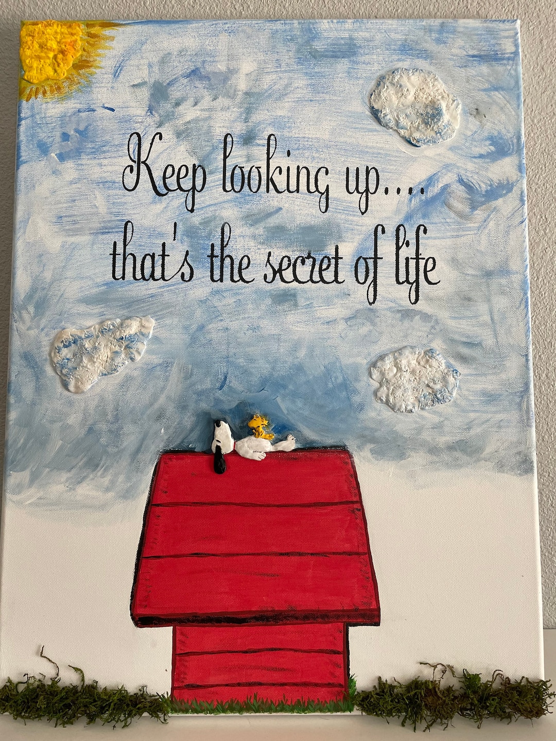Canvas Painting Peanuts Snoopy Inspired Clay Keep Looking up With Bird ...