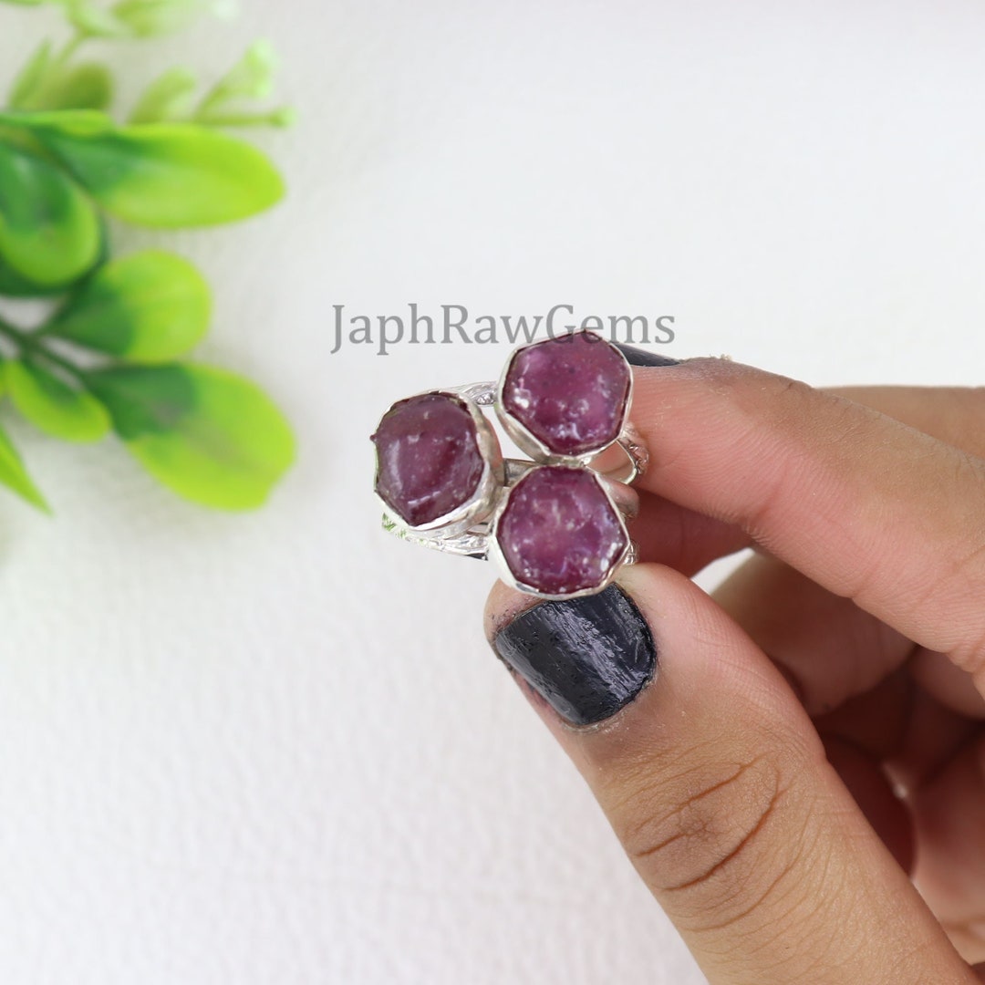 Raw Ruby Ring, 925 Silver Ring, Three Stone Raw Ring, Uncut Stone Ring ...