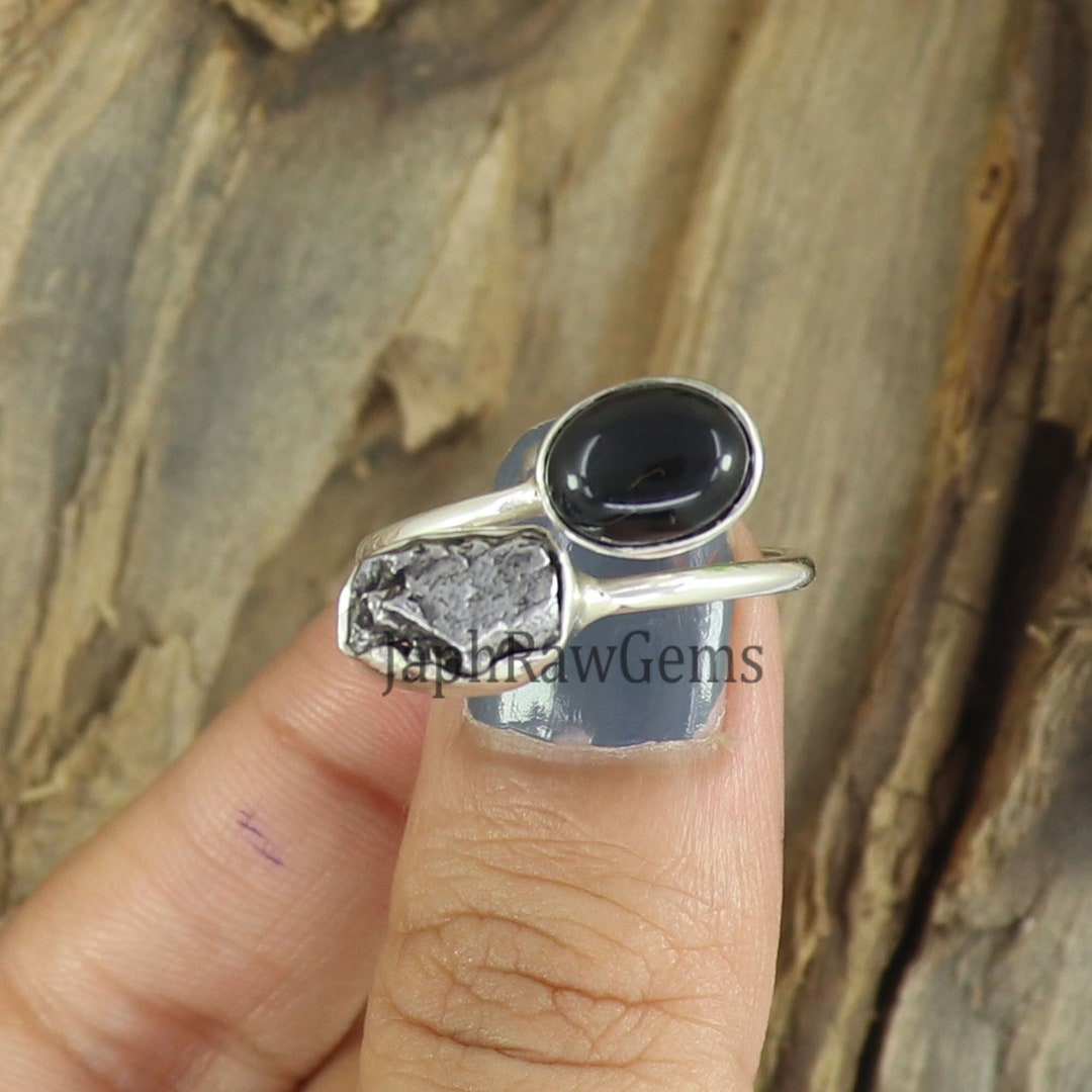 Raw Meteorite & Black Onyx Ring: 925 Sterling Silver, Adjustable - Etsy