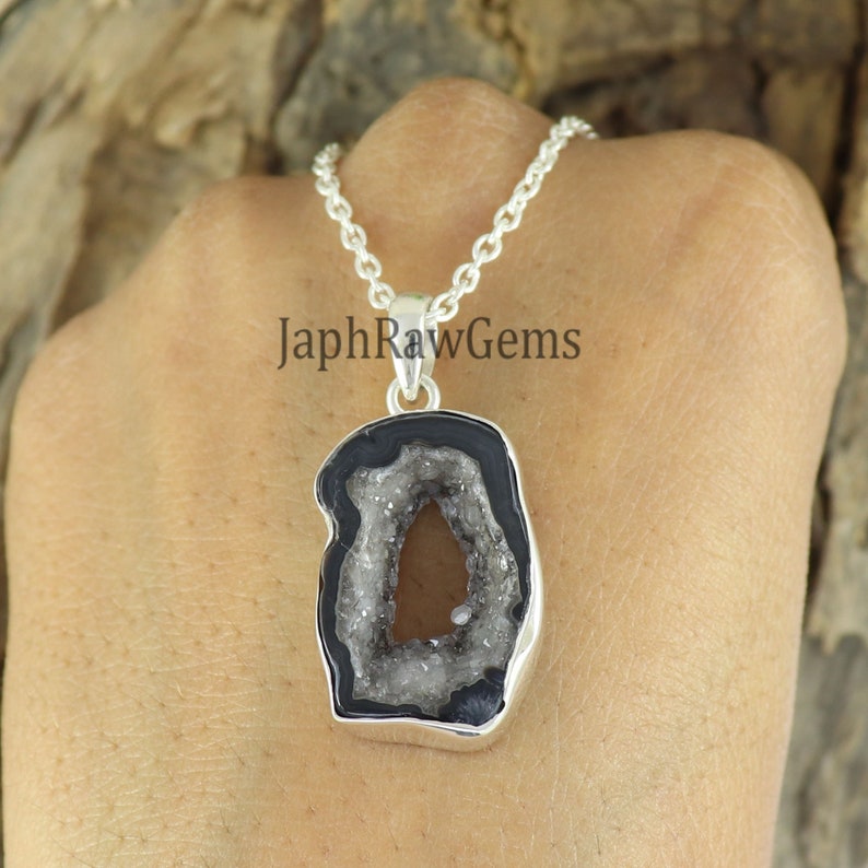 Raw Black Druzy Necklace: 925 Sterling Silver Healing Crystal Pendant ...
