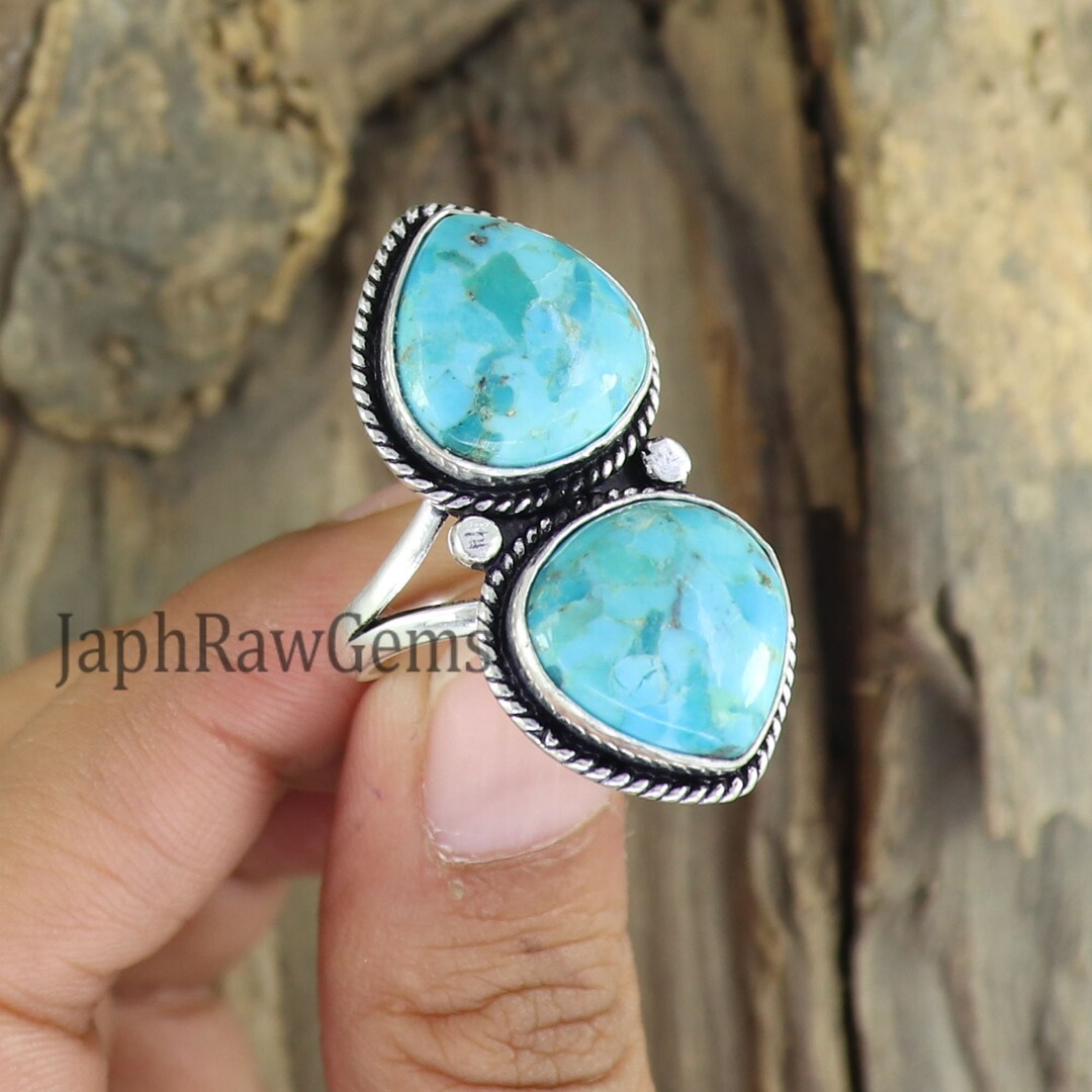Turquoise Ring, 925 Silver Ring, Bohemian Ring , Two Stone Ring, Large ...