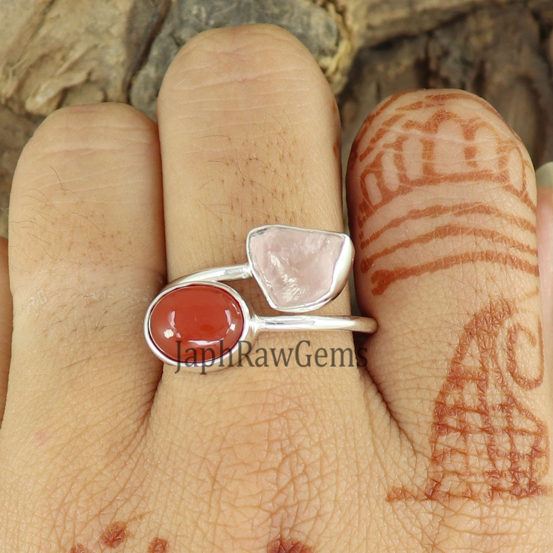 Raw Rose Quartz & Carnelian Ring: Adjustable Sterling Silver - Etsy