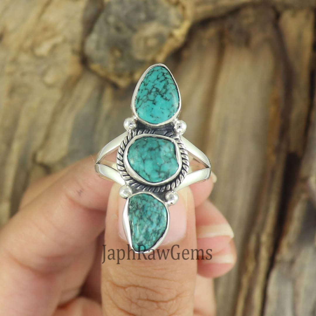 Raw Turquoise Ring, Sterling Silver Bohemian Three Stone Ring - Etsy