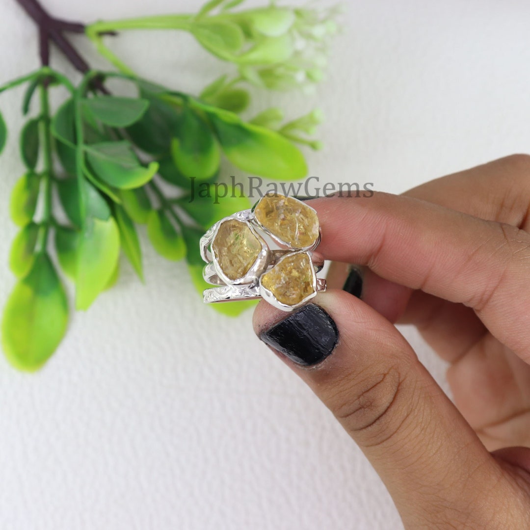 Raw Citrine Ring, Sterling Silver Ring, Three Stone Ring, Raw Uncut ...