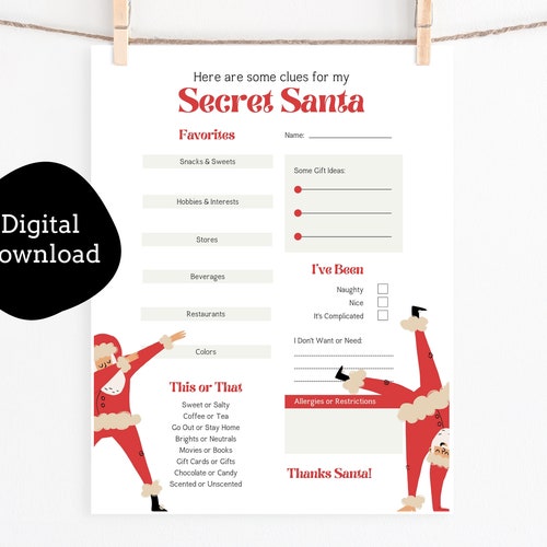 Secret Santa Questionnaire Printable. Secret Santa Form. - Etsy
