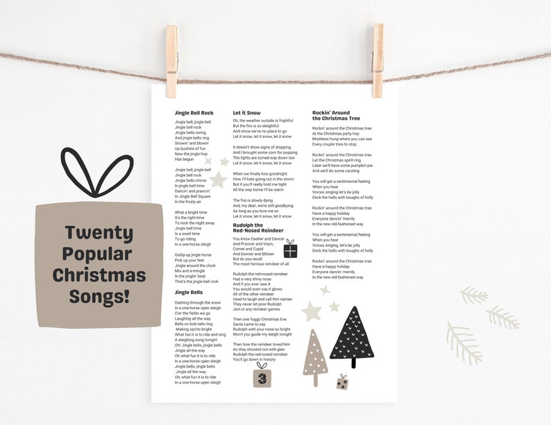 DIGITAL PRINTABLE Christmas Song Lyric Sheets Set of 4, Christmas ...