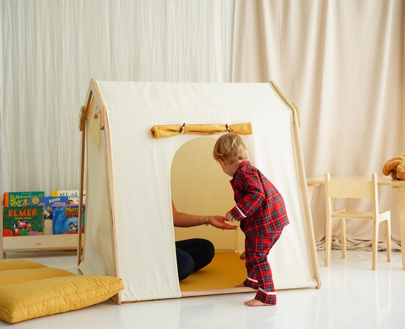 Drewniany namiot do zabawy – domek Montessori z bawełnianym pokrowcem ...