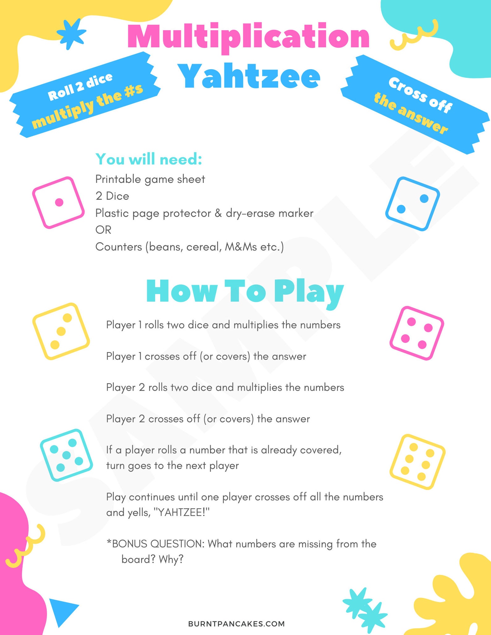 Math Dice Game Bundle | Multiplication, Addition and Number Recognition ...