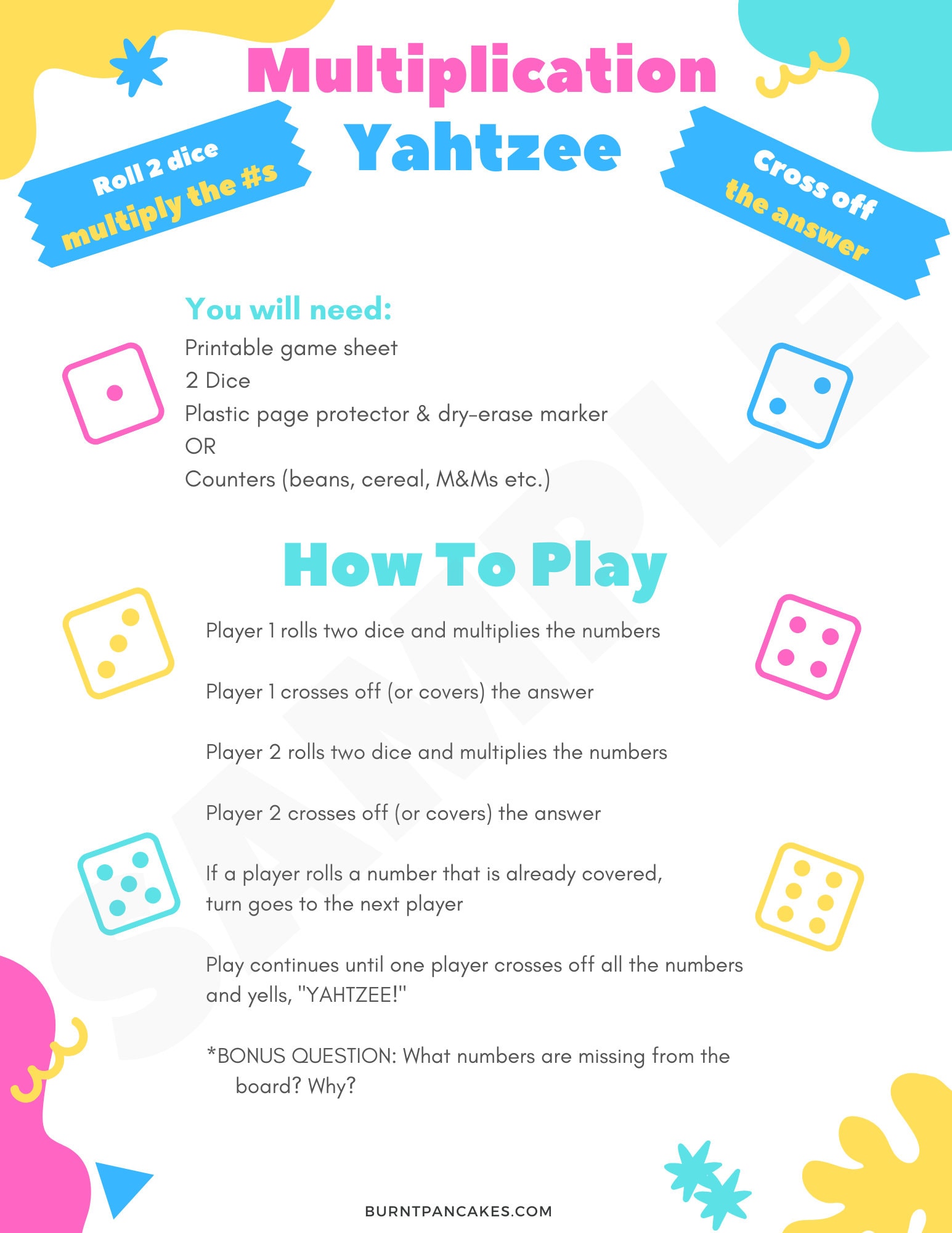 Math Dice Game Bundle | Multiplication, Addition and Number Recognition ...