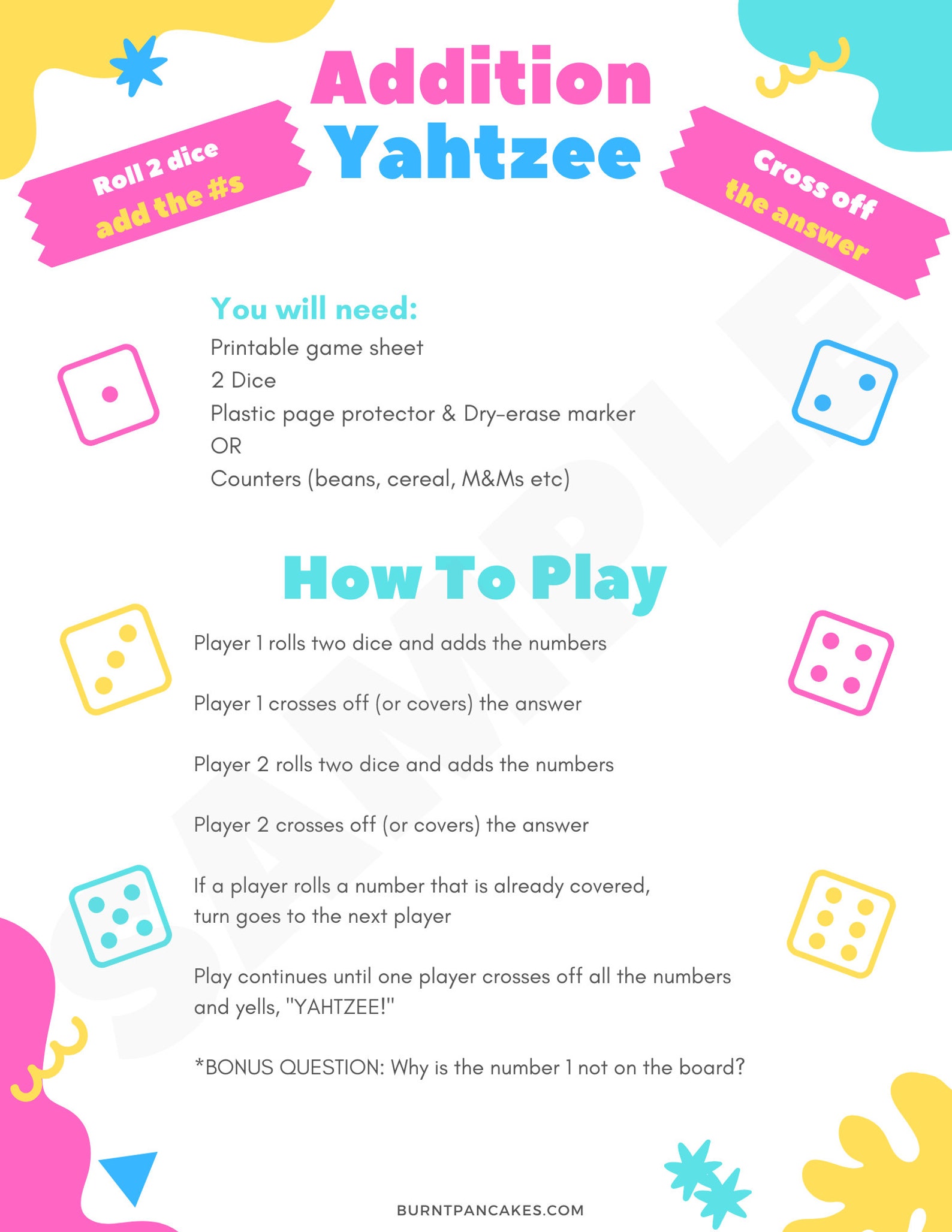 Addition Dice Game for Kids | Instant Download | Fun and Easy Game to ...