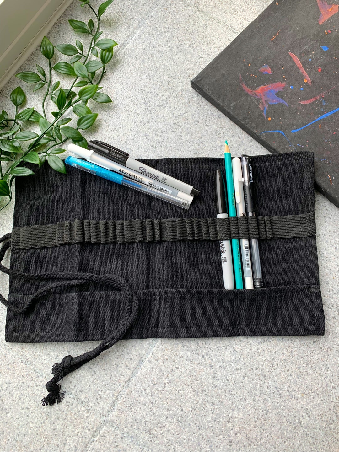 Black Canvas Roll up Pen Case Painting Pencil Roll Crochet Needle ...