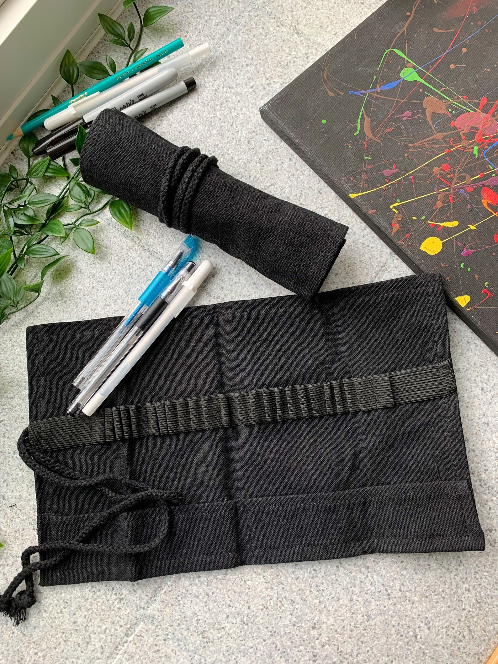 Black Canvas Roll up Pen Case Painting Pencil Roll Crochet Needle ...