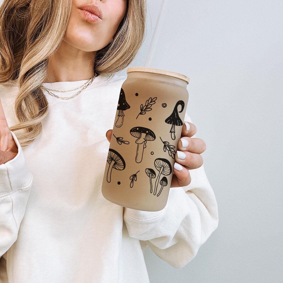 Cute Mushroom 16oz Iced Coffee Cup, Cold Drink Cup, Frosted Can Glass ...
