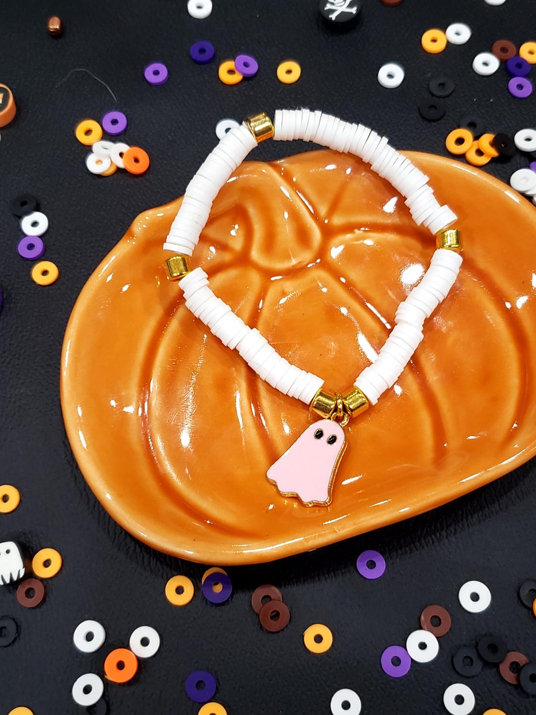 Halloween Ghost Bracelet: White Beads With Pink Ghost Charm - Etsy