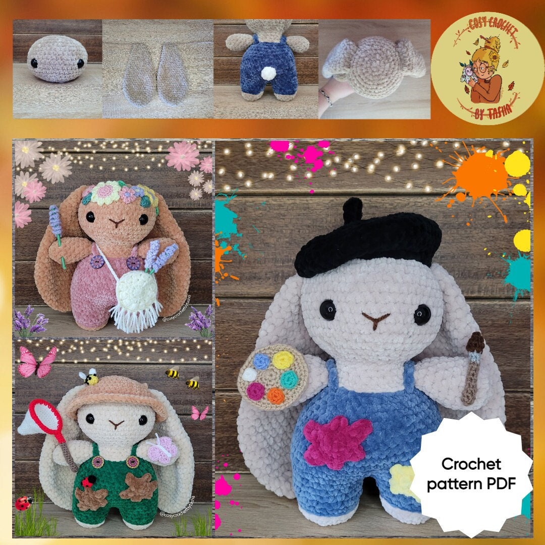 DIGITAL PATTERN: Bunnies in Overalls Crochet Plushie 3-in-1 Pattern SET ...