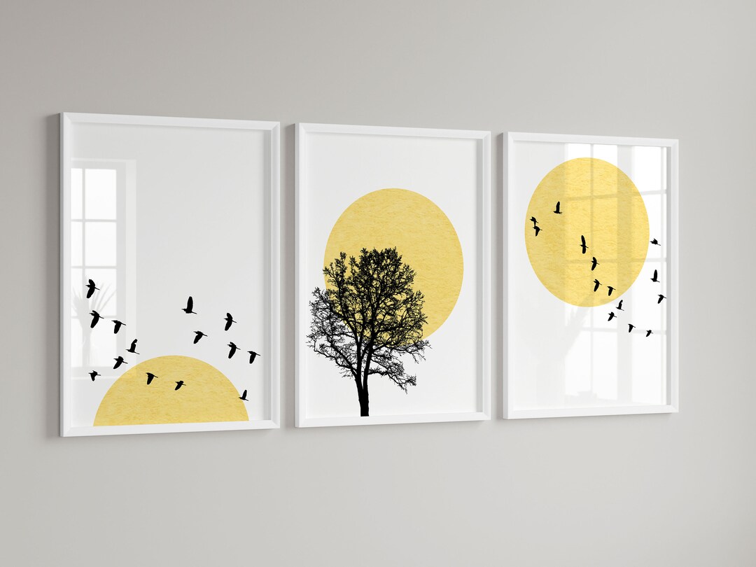 Set of 3 Yellow Sun & Bird Prints, Living Room Posters, Neutral Prints ...