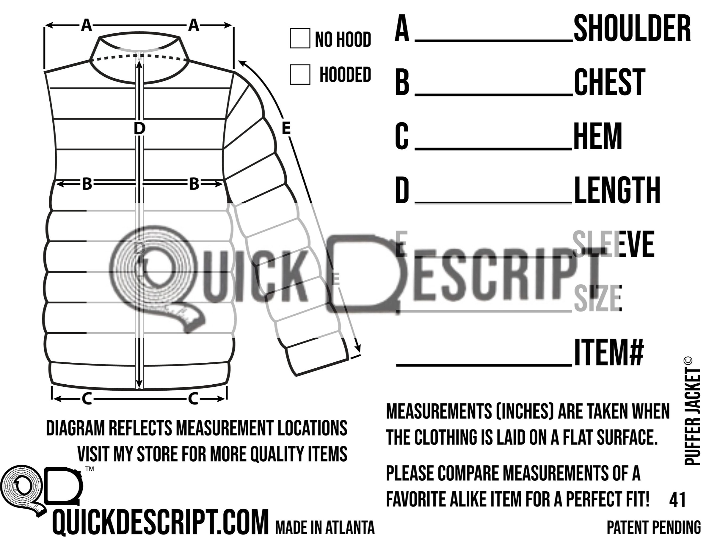 How to Measure a Puffer Jacket Diagrammed Clothing Measurement Data ...