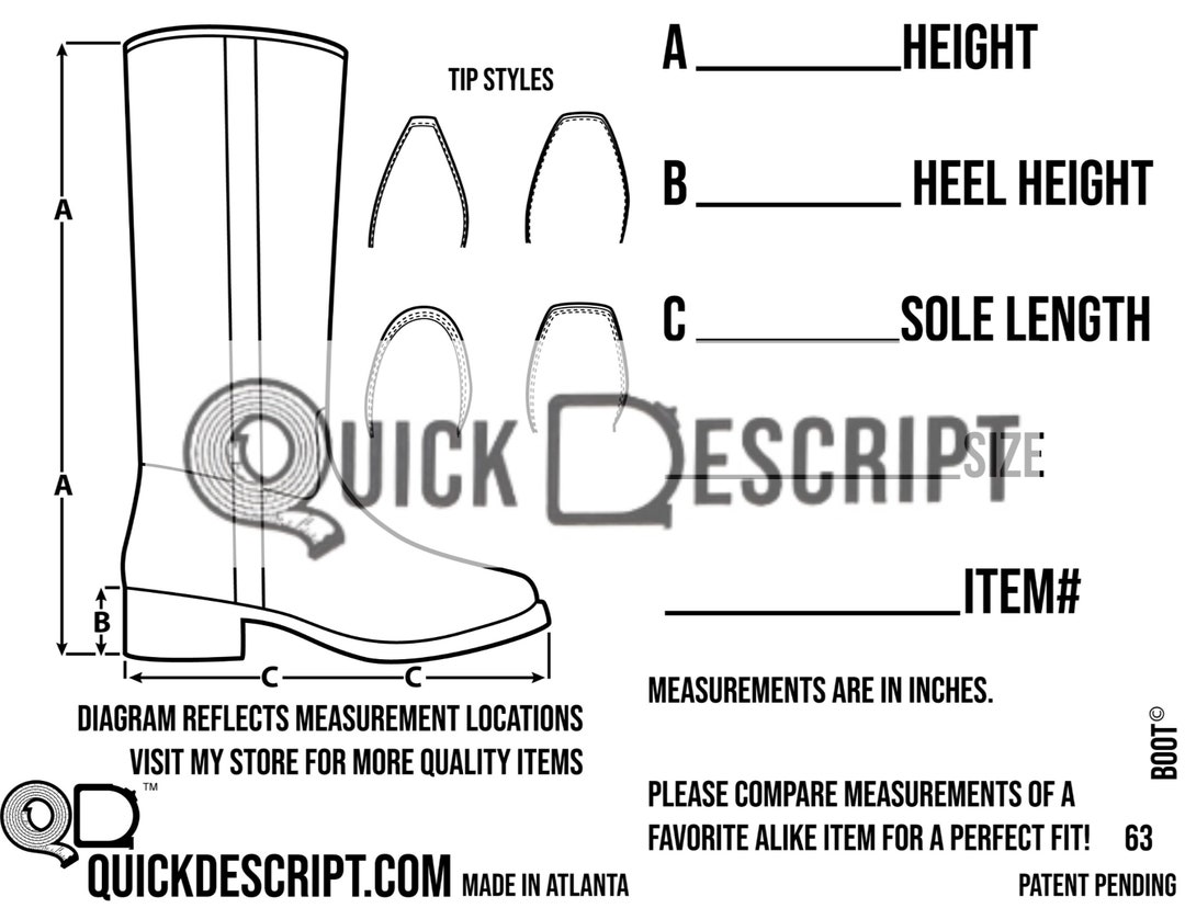 Cowboy Boots Clothing Reseller Tool Diagrammed Sheets Size Guide ...